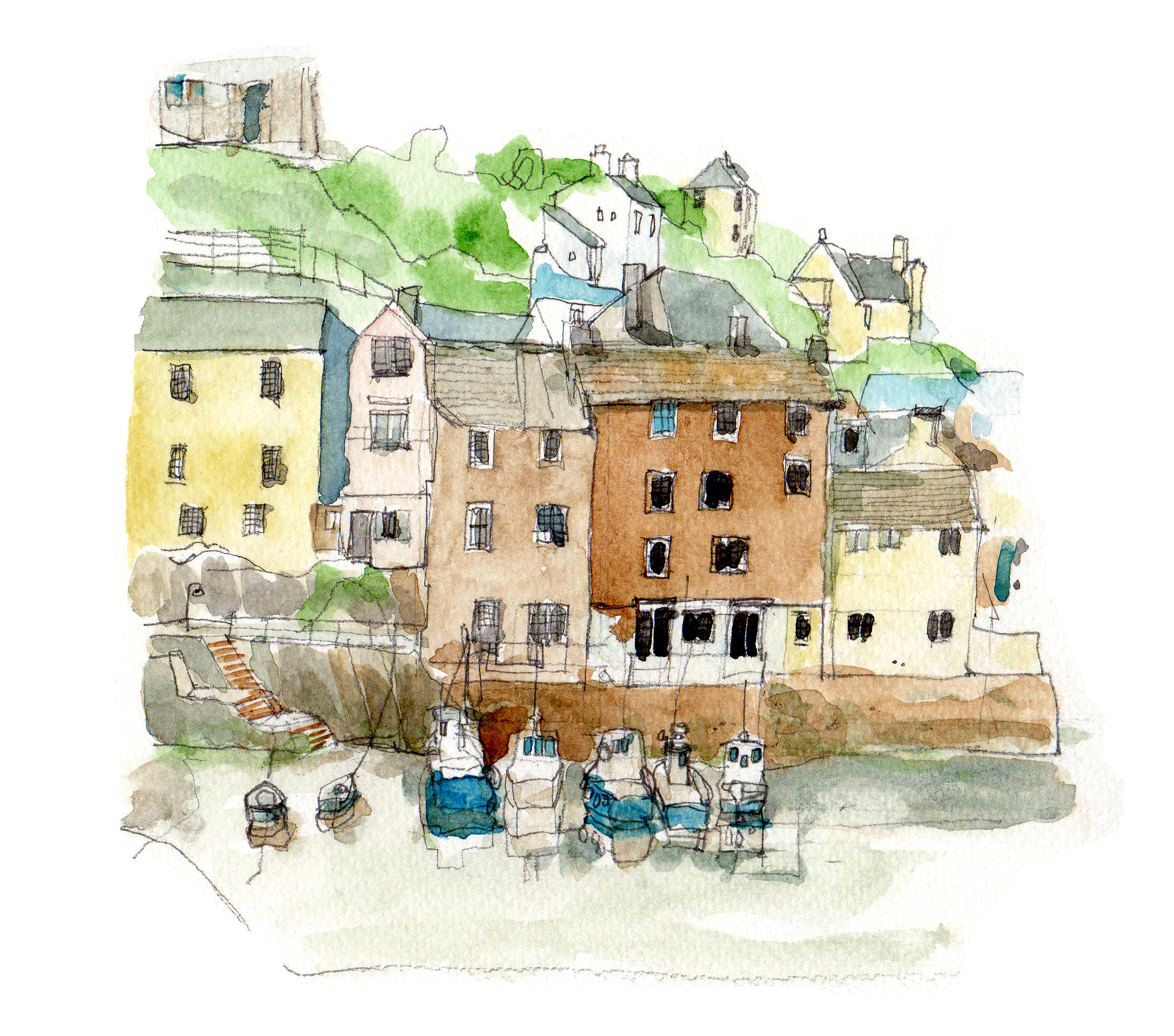 A watercolour sketch of Polperro harbour in Cornwall – OxfordArtist
